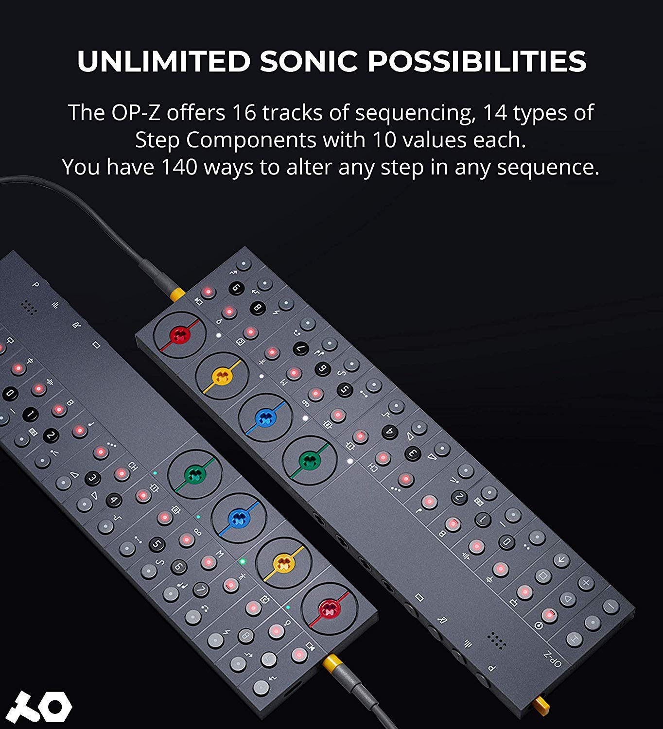 teen age engineering OP-Z Wireless Bluetooth Synthesizer Sequencer Bundle with OP-Z PVC Roll Up Bag (Yellow), Samson SR350 Over-Ear Stereo Headphones, and Blucoil 3-Pack of 7" Audio Aux Cables