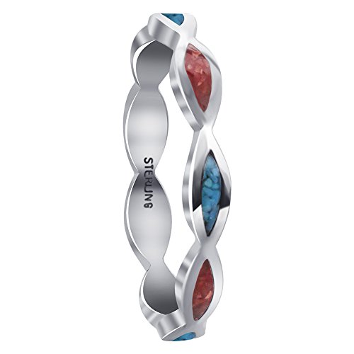 Southwestern Style Oval Turquoise and Coral Gemstone 4mm 925 Sterling Silver Infinity Band Ring for Women Size 7