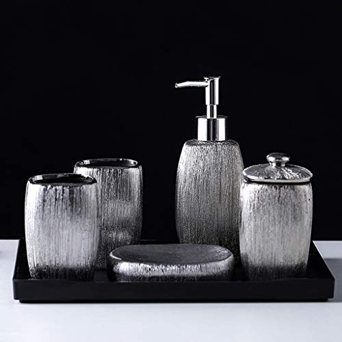 Soap Dispenser 6-Piece Bathroom Accessory Set Luxury Electroplated Silver Ceramic Soap Dispenser Set Includes: Lotion Dispenser, Cotton Swab Bottle, Tray, Tumbler and Soap Dish Soap Dispenser for Bath