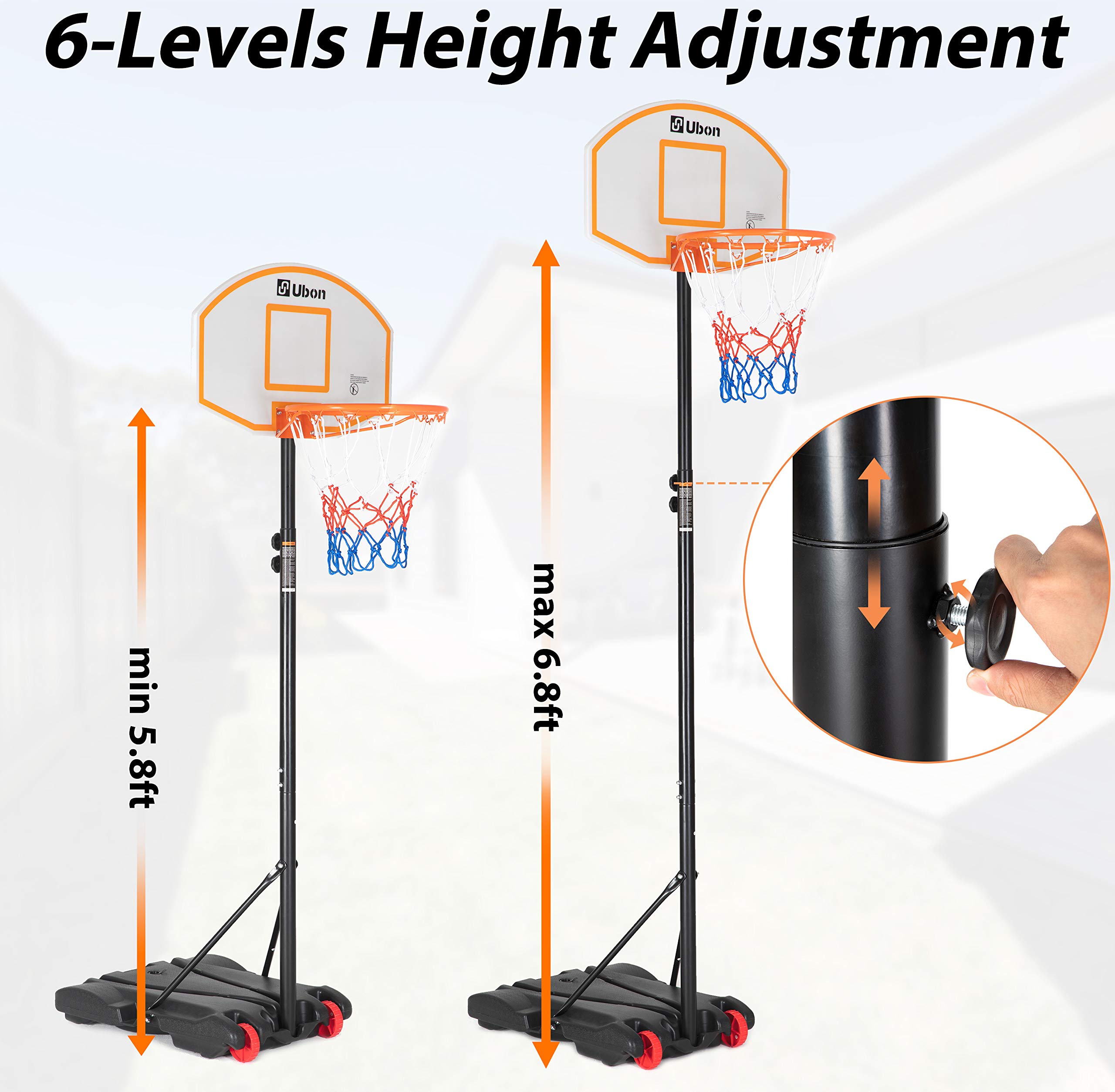 Ubon Portable Basketball Hoop&Goal Basketball Stand Height Adjustable 5.8FT-6.8FT with Wheels