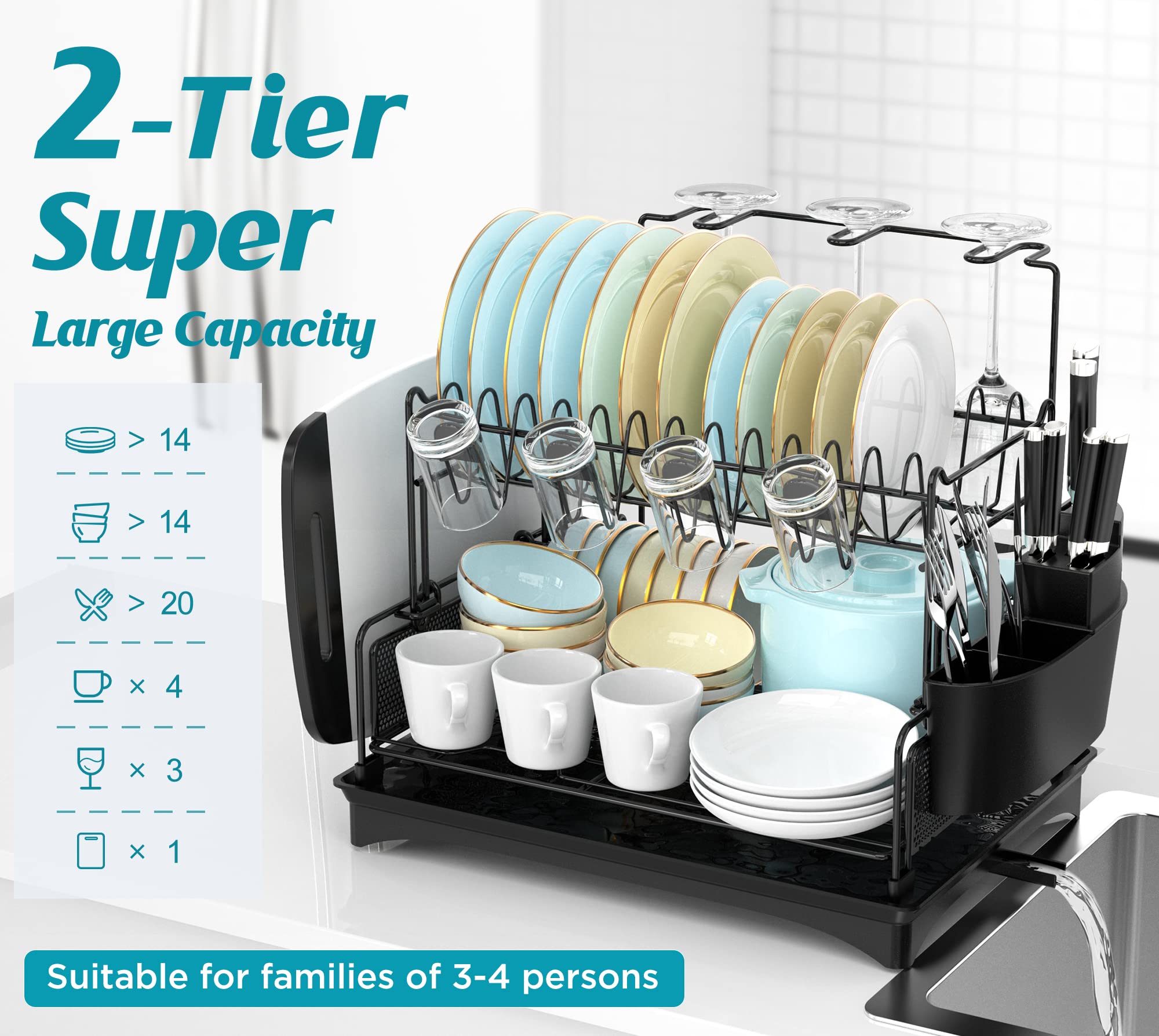Wahopy Extra Large Dish Drying Rack - 2 Tier Dish Drying Rack with Drainboard for Kitchen Counter, Stainless Steel Dish Drying Rack with Cups, Forks, Knives, Utensil Holder