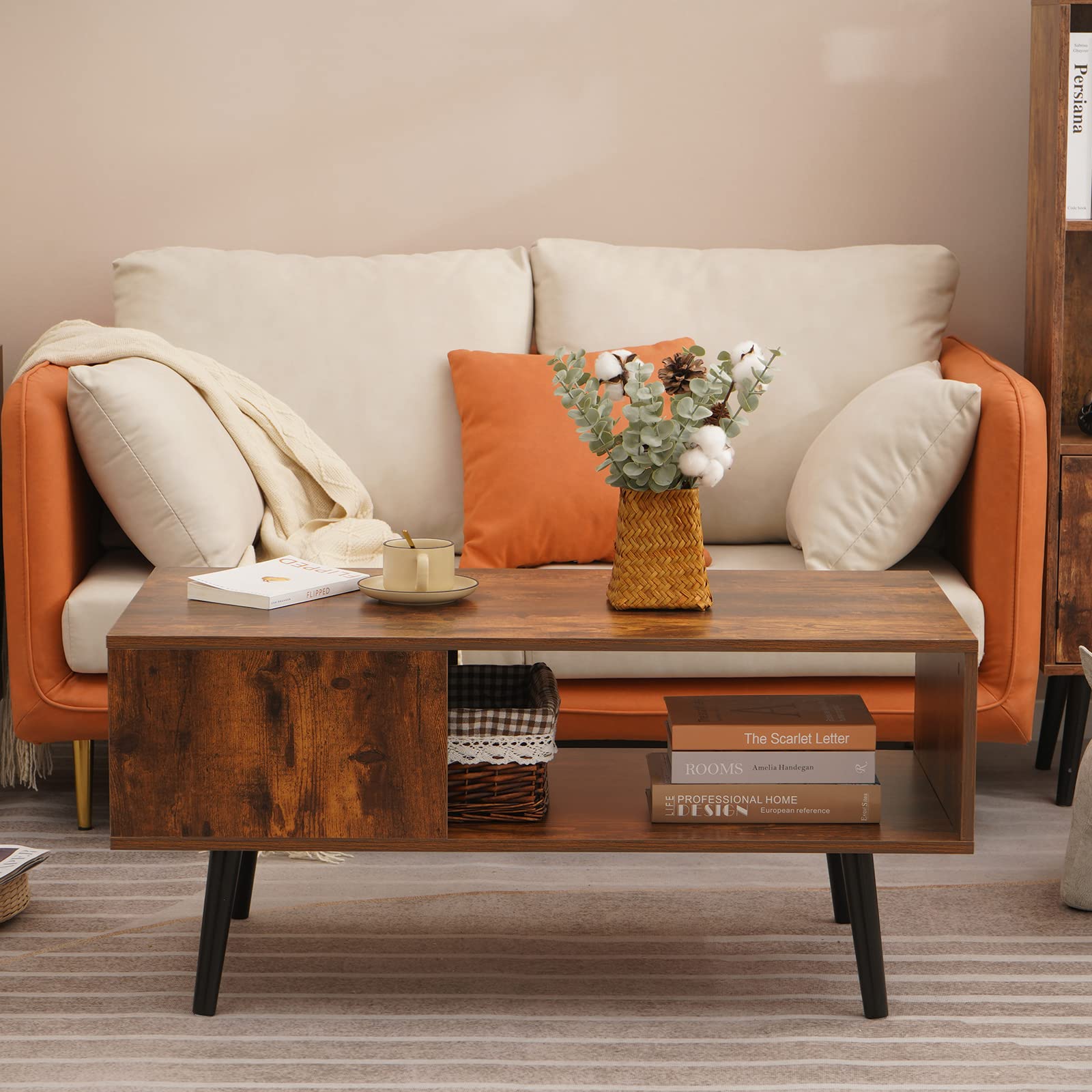 usikey Wooden Coffee Table, Mid-Century Coffee Table with Storage Open Shelf, Accent Cocktail Table for Living Room, Reception, Rustic Brown