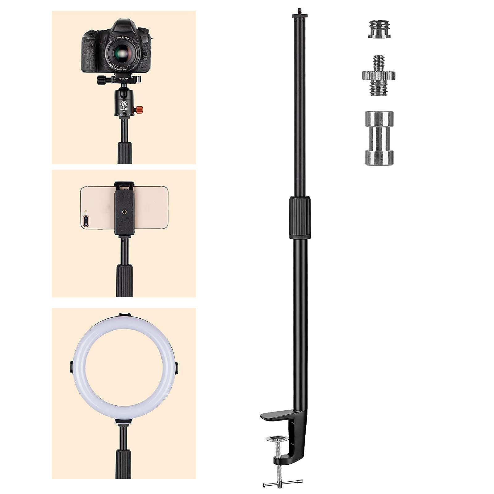 TARION Desktop Light Stand with 1/4" 3/8" Screws for Ring Light Tabletop Mount L Shape Clip Stand Adjustable 14-25in/35-64cm for Live Streaming Photograpghy Videograpghy Film Shooting Virtual Meetings