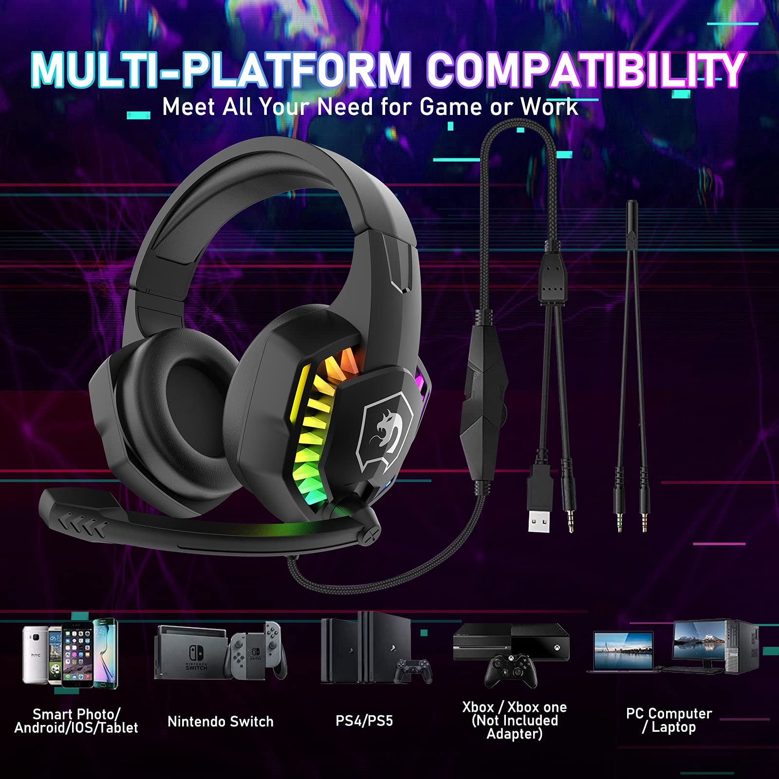 Wired Gaming Headset with Rainbow RGB Backlight Retractable Noise Isolating Microphone Stereo Sound Deep Bass Memory Foam Earmuff Over Ear Headphone for PS4 Xbox One Switch PC Mac Gamer Music (Black)