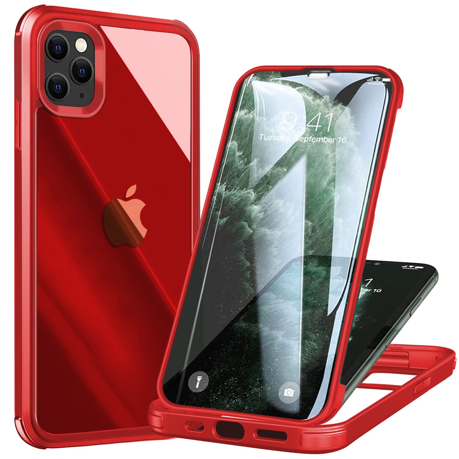 UBUNU iPhone 11 Pro Max Case with Screen Protector [Built-in 9H Hard Tempered Glass Touch Sensitive] [360 Full Body Protective] Clear iPhone 11 Pro Max Phone Case Cover for Men Women 6.5 inch, Red
