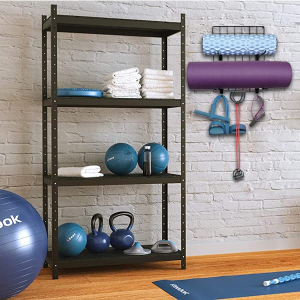 Yoga Mat Holder Wall Mount Yoga Mat Rack Foam Rollers Holder, Adjustment Spacing Exercise Equipmen with 3 Hooks for Hanging Yoga Strap Resistance Bands Ropes