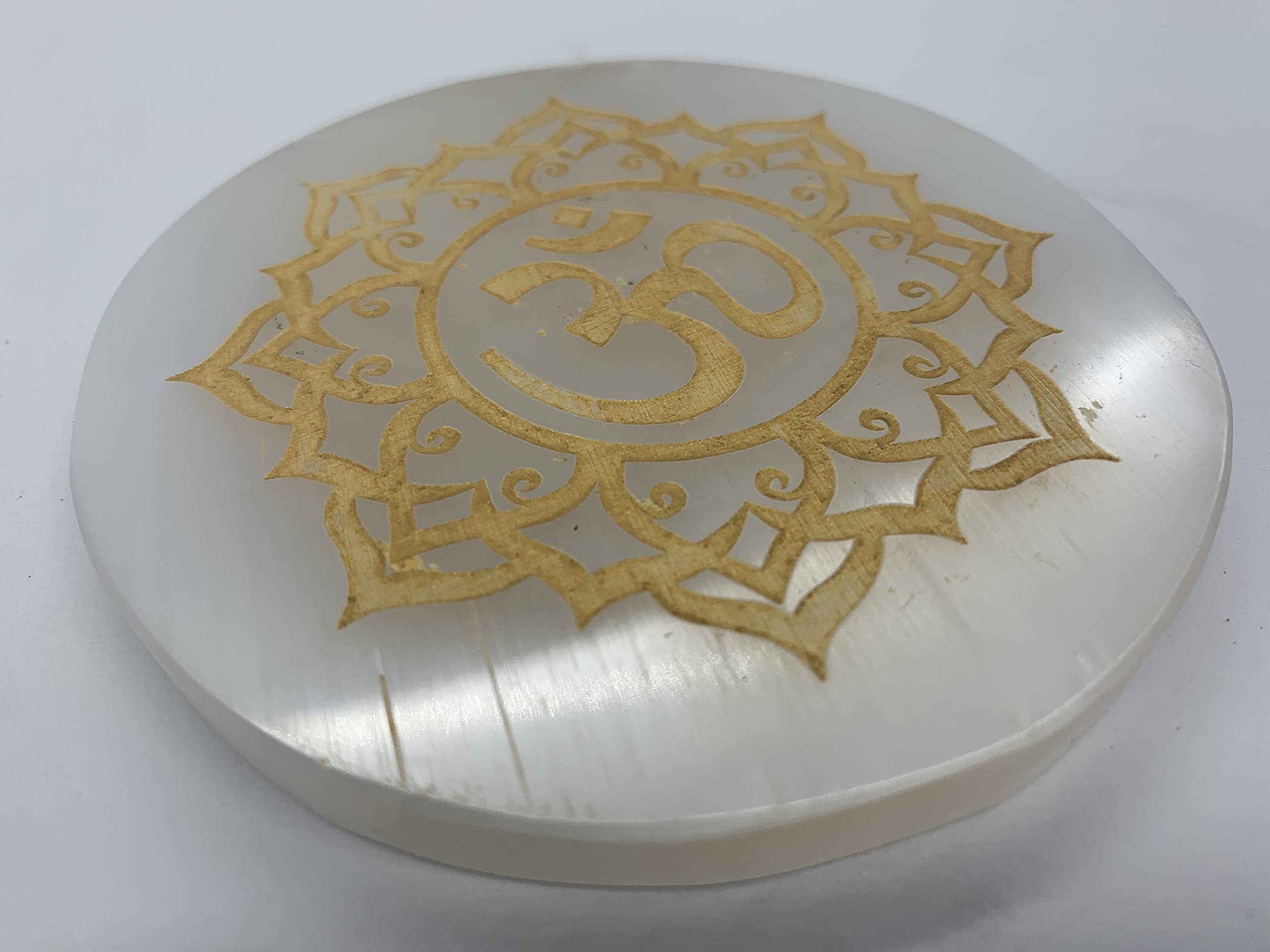 WeLoveCrystals Gold Om Selenite Charging Plate 3.5" Round Handmade Polished Flat Crystal Disc for Charging Crystals and Cleansing