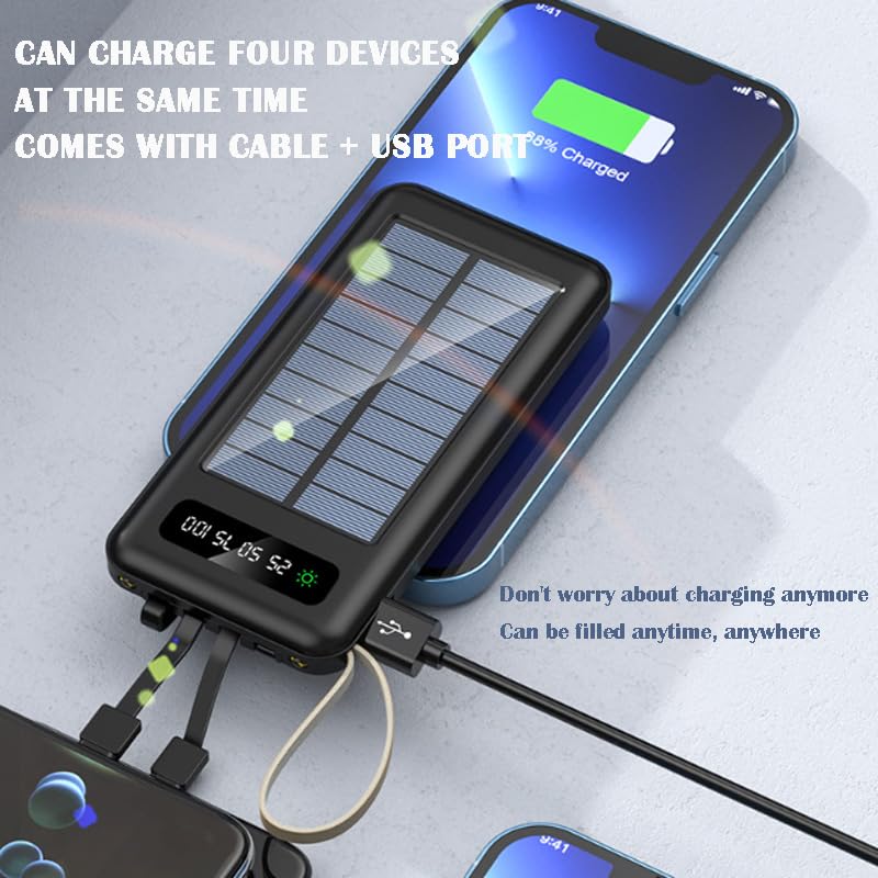 Solar Power Bank, Portable Charger, 20000mAh External Backup Battery Charger, Fast Charging Solar Panel & USB Charging, with line & Light