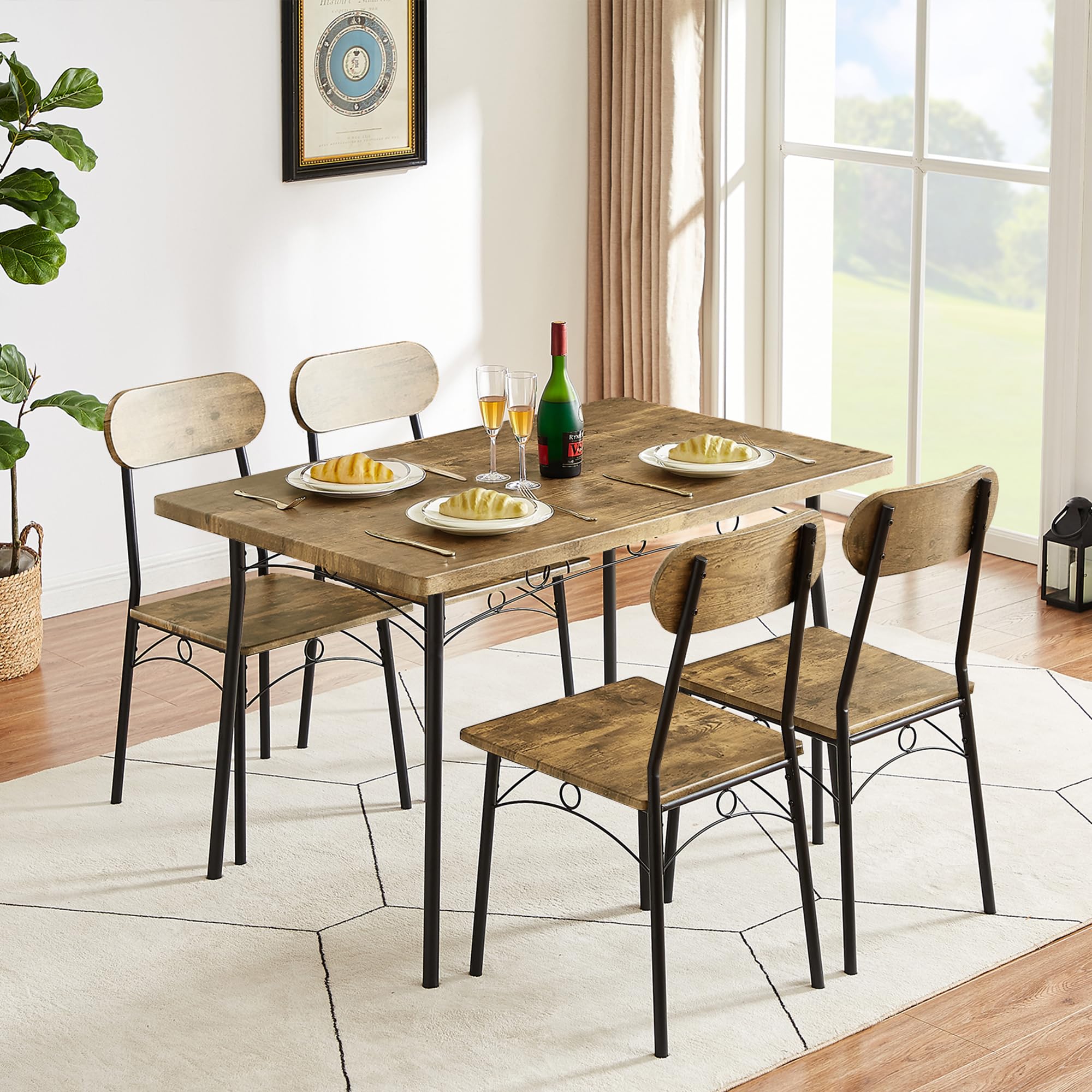 VECELO Dining Set 5 Piece Dinette Kitchen, Breakfast Nook and Small Space, Retro Brown, Table & Chair for 4