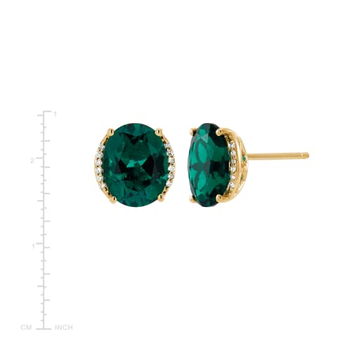 Welry Created Emerald Oval Stud Earrings with Diamonds in 10K Yellow Gold