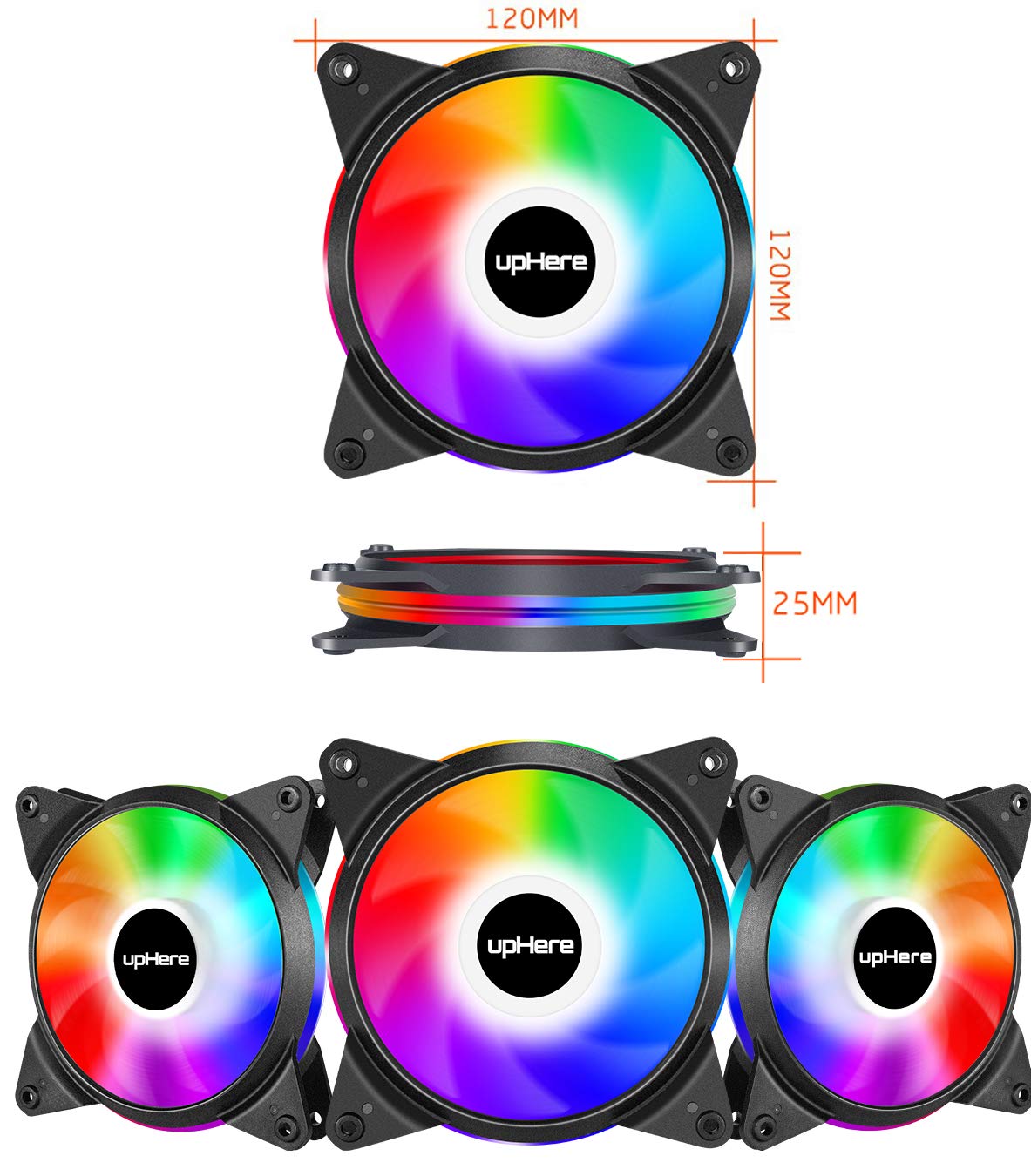 upHere 120mm 3-Pin Quiet Edition Rainbow LED Effect Case Fan for Computer Cooling,3-Pack,T3CF3-3