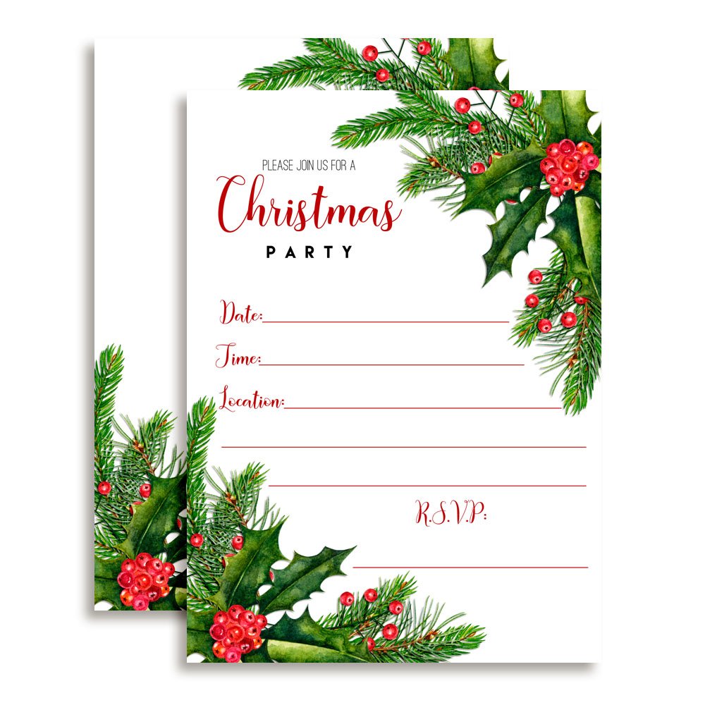 Watercolor Holly and Pine Christmas Holiday Party Invitations, 20 5"x7" Fill In Cards with Twenty White Envelopes by AmandaCreation