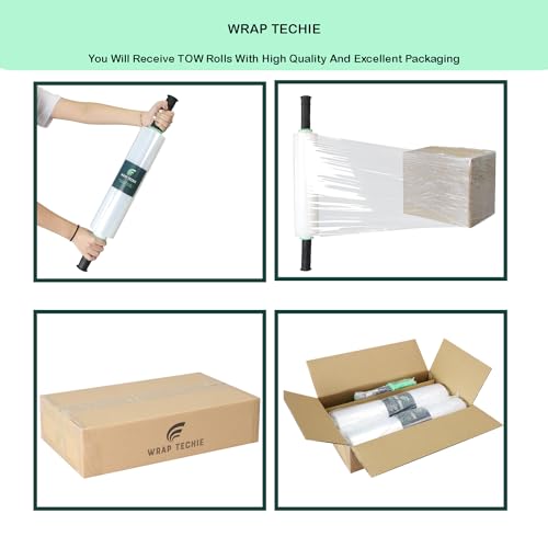 WRAP TECHIE Stretch Wrap Film with Handles, 15 Inch x 1000 Feet Plastic Wrap for Moving, Industrial Strength Shrink Wrap Roll for Pallet Wrap, Packing Supplies for Moving, 60 Gauge, 2 Pack, Clear