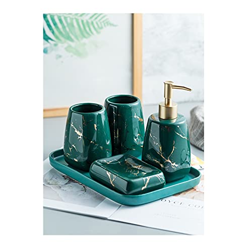Soap Dispenser Ceramic Marble Pattern 5-Piece Soap Dispenser Household Bathroom Mouthwash Cup/soap Dish/Tray/Lotion Bottle Bathroom Toiletries Set Bathroom Soap Dispenser (Color : White) (Blue b)