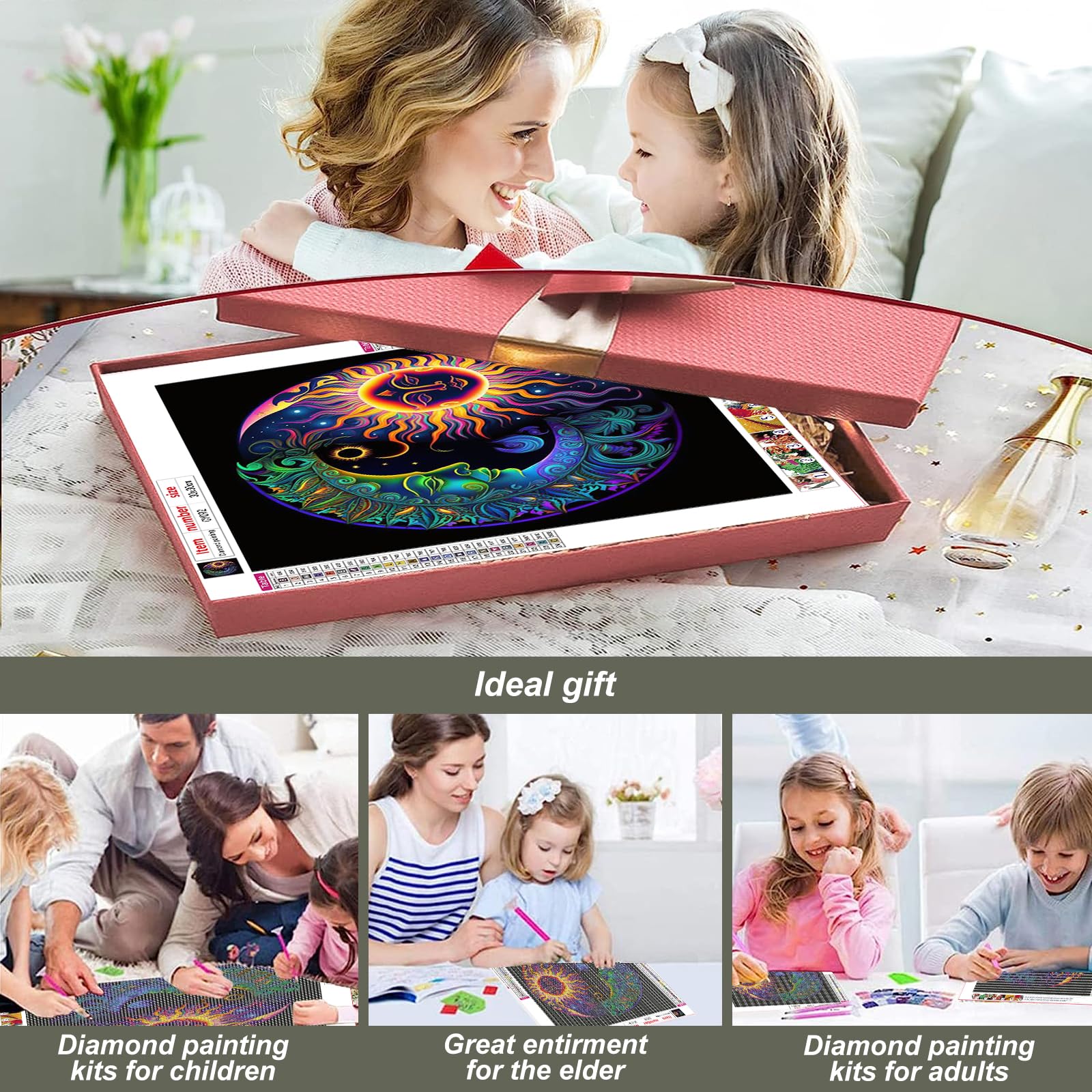 Stalente Diamond Painting Kits for Adults, 5D DIY Diamond Art Kits for Beginners Round Full Drill Diamond Painting for Home Wall Decoration Gift 12×12inch, Sun and Moon