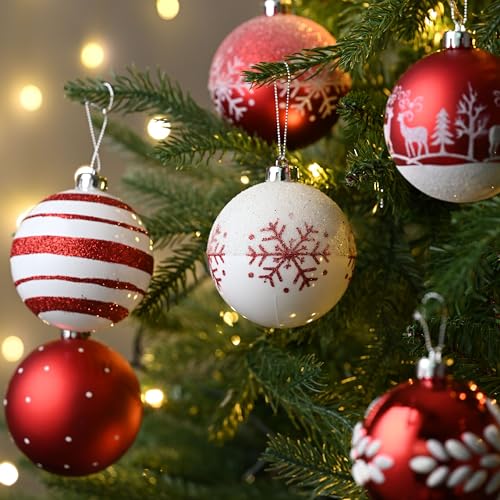 Valery Madelyn Christmas Tree Decorations Set, 16ct Red and White Shatterproof Christmas Ball Ornaments Bulk, 3.15 Inch Traditional Hanging Ornaments for Christmas Trees Xmas Holiday Party Decor