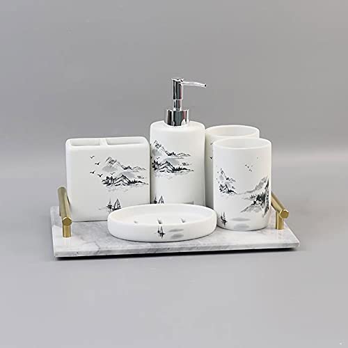 Soap Dispenser Ceramic Bathroom Accessories Set for 6 Bath Sets for Bathroom Hotel Restroom Includes Lotion Soap Dispenser Tumbler Toothbrush Holder Soap Dish and Tray Bathroom Soap Dispenser