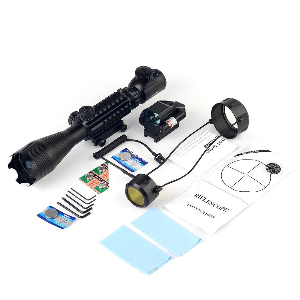 THEA 4-16x50 Tactical Rifle Scope Red/Green Illuminated Range Finder Reticle W/Red/Green Laser and Holographic Reflex Dot Sight (12 Month Warranty) (Red)