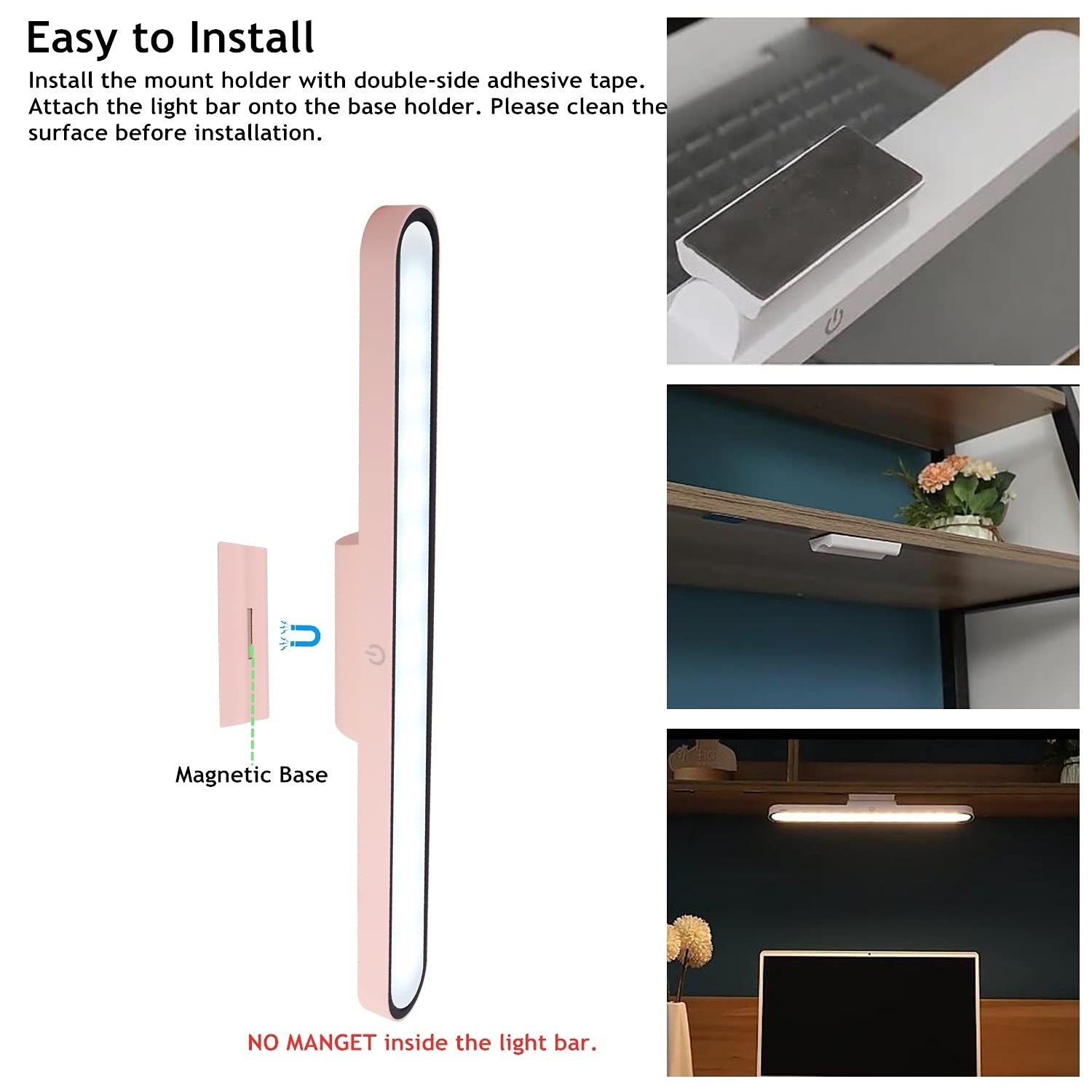 Under Cabinet Lighting, KUCAM 5W Magnetic Closet Lights with Remote, Dimmable Touch Control, 3 Color Modes, USB Rechargeable Reading Light Bar for Bedside, Computer Desk, Kitchen, Mirror (Black)