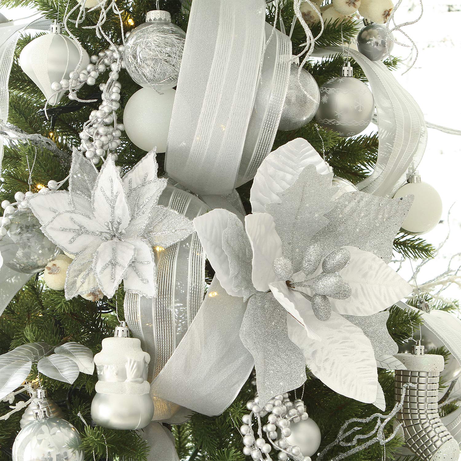Sea Team 12-Pack Artificial Glitter Poinsettia Christmas Flower Ornaments Tree Decorations, 6.5-inch, Silver