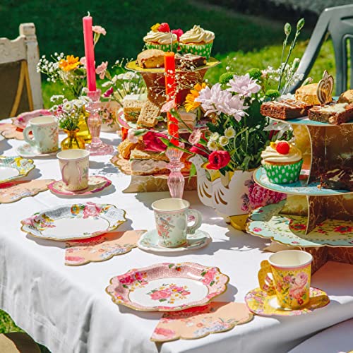 Talking Tables TS6-CUPSET Disposable Truly Scrumptious Party Vintage Floral Tea Cups and Saucer Sets, Mint Green