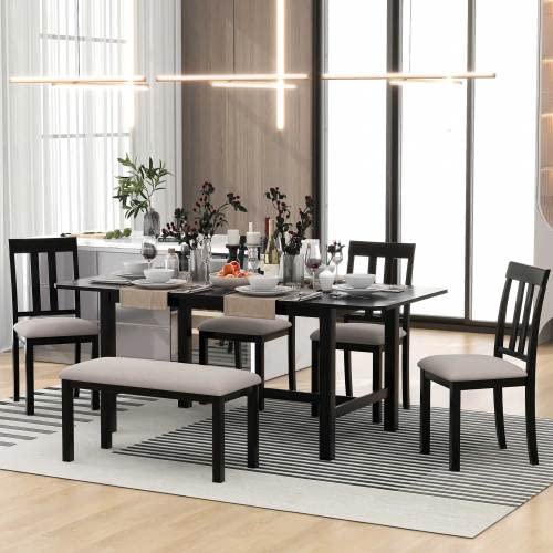 TREXM Six-Person Rubber Wood & MDF Boards Dining Table Set Four Chairs A Bench Adjustable Table Length with Hidden Flip Leaves (Espresso)