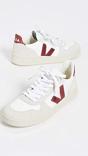 Veja Women's V-10 Lace Up Sneakers, White/Marsala, 5 Medium US