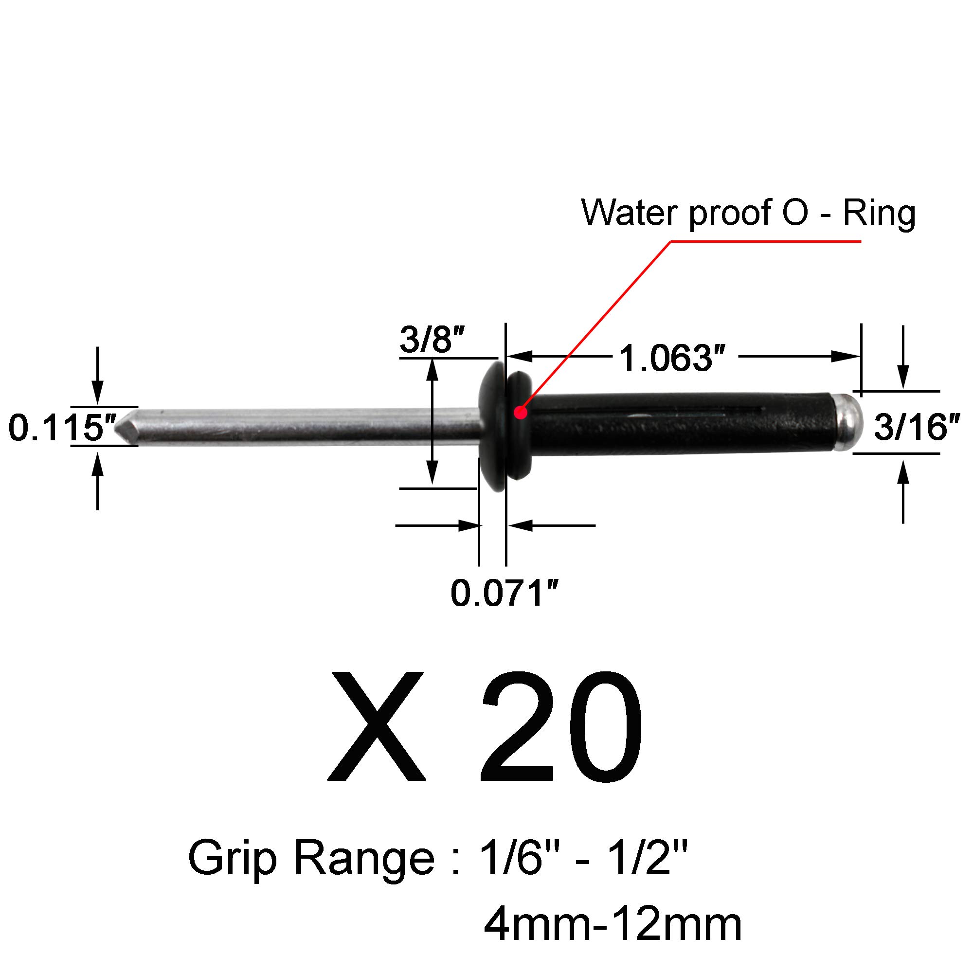 YYST 20 3/16" Deep Water Long Grip Tri-Grip Tri-Fold Tri Bulb Mounting Rivet - All Aluminum for installing Kayak, Canoe and Boat Accessories