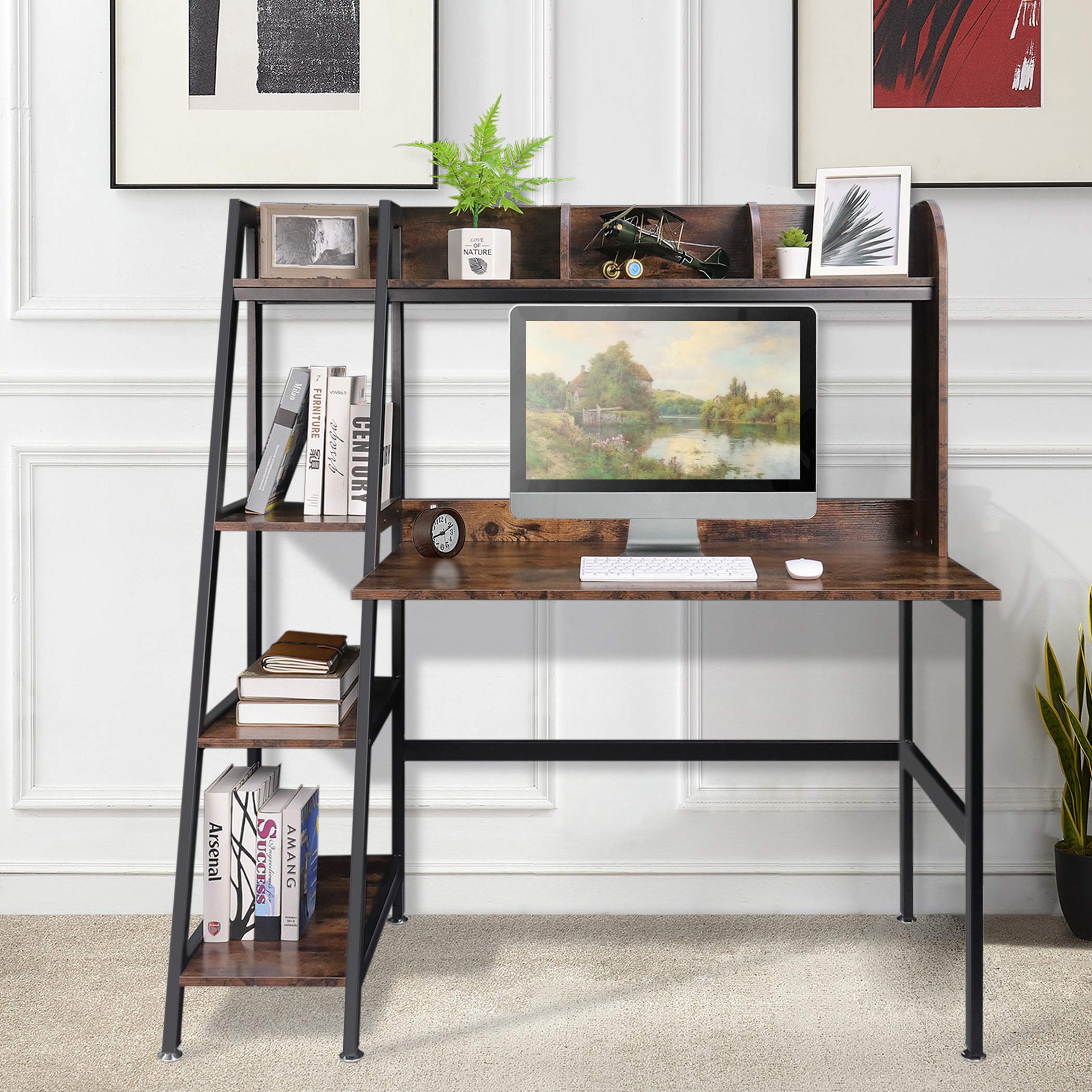 Tektalk Computer Desk with 4 Ladder Shelf Top Shelf Bookshelf Workstation Steel Frame Retro Writing Desk Study Laptop Table for Home&Office β Rustic Brown