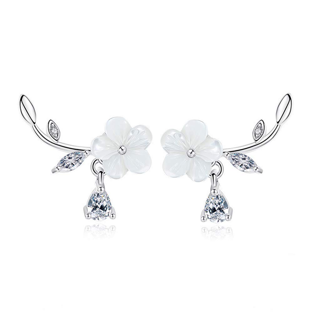 Sweet White Flower Ear Crawler Cuff Earrings Sterling Silver Diamond CZ Stud Ear Climber Wedding Earring Jewelry Gifts for Women Girls