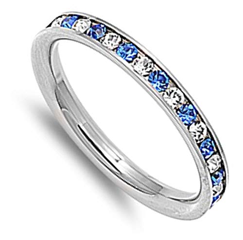 Women's White CZ Blue Simulated Sapphire Eternity Ring Stainless Band 3mm Size 3