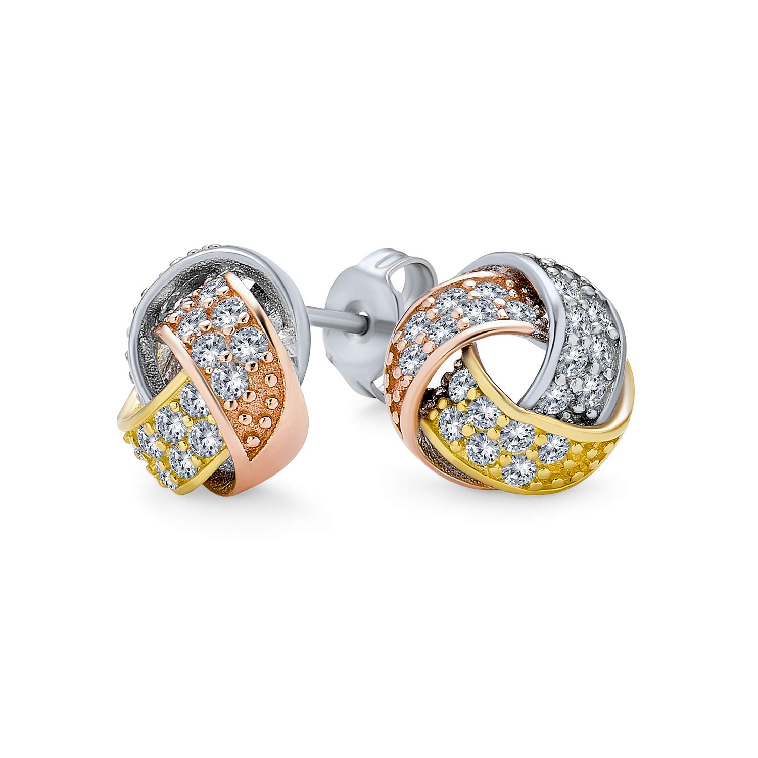 Tri Color Twisted Love Knot Pave Cubic Zirconia CZ Stud Earrings For Women Rose Gold Plated .925 Sterling Silver
