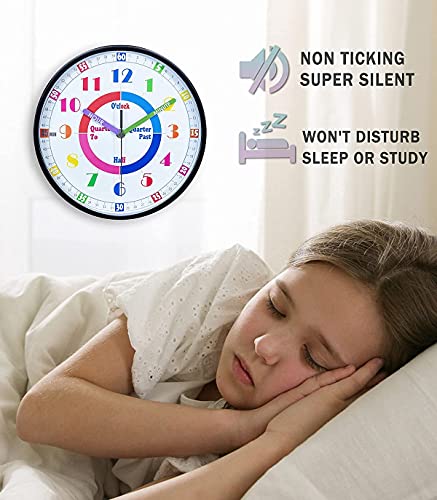 Telling Time Teaching Wall Clock, Silent Movement, Educational Wall Clock, Makes Kids Learning Time Faster and Fun. Its Perfect for Parents and Teachers, Decorate Kids Bedroom or Classroom,Black