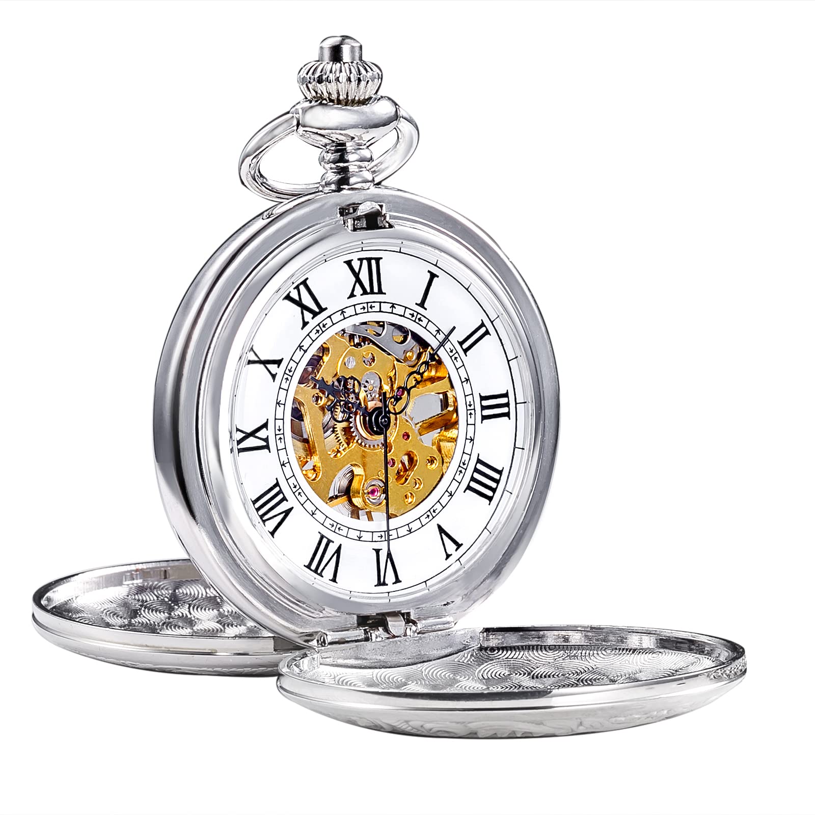 TREEWETO Men's Retro Mechanical Pocket Watch Silver Double Case Roman Numerals Gift for Man with Box