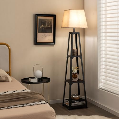 Tangkula Shelf Floor Lamp, Modern Wood Square Standing Lamp with 3 Tiers Shelves and Linen Shade, Stable Trapezoidal Design, E26 Lamp Base, 62" Tall Metal Frame Shelf Lamp for Living Study Bedroom