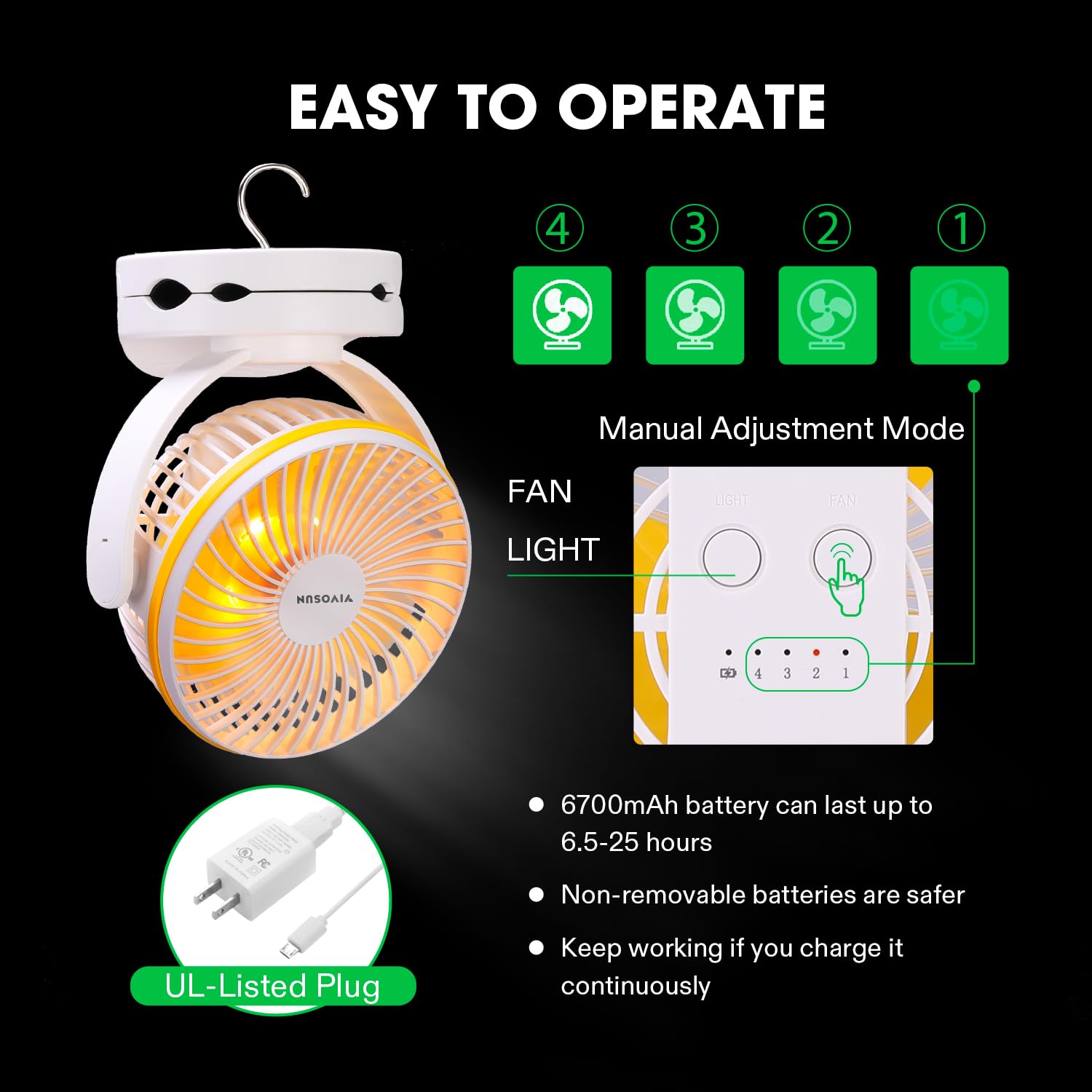 VIVOSUN USB Powered Clip on Fan, 4 Speeds & 2 Level Light Adjustable, 6 inch Desk Fan with Strong Airflow, Sturdy Clamp & Hanging Hook for Grow Tent Bedroom Dorm Office Gym Camp Stroller