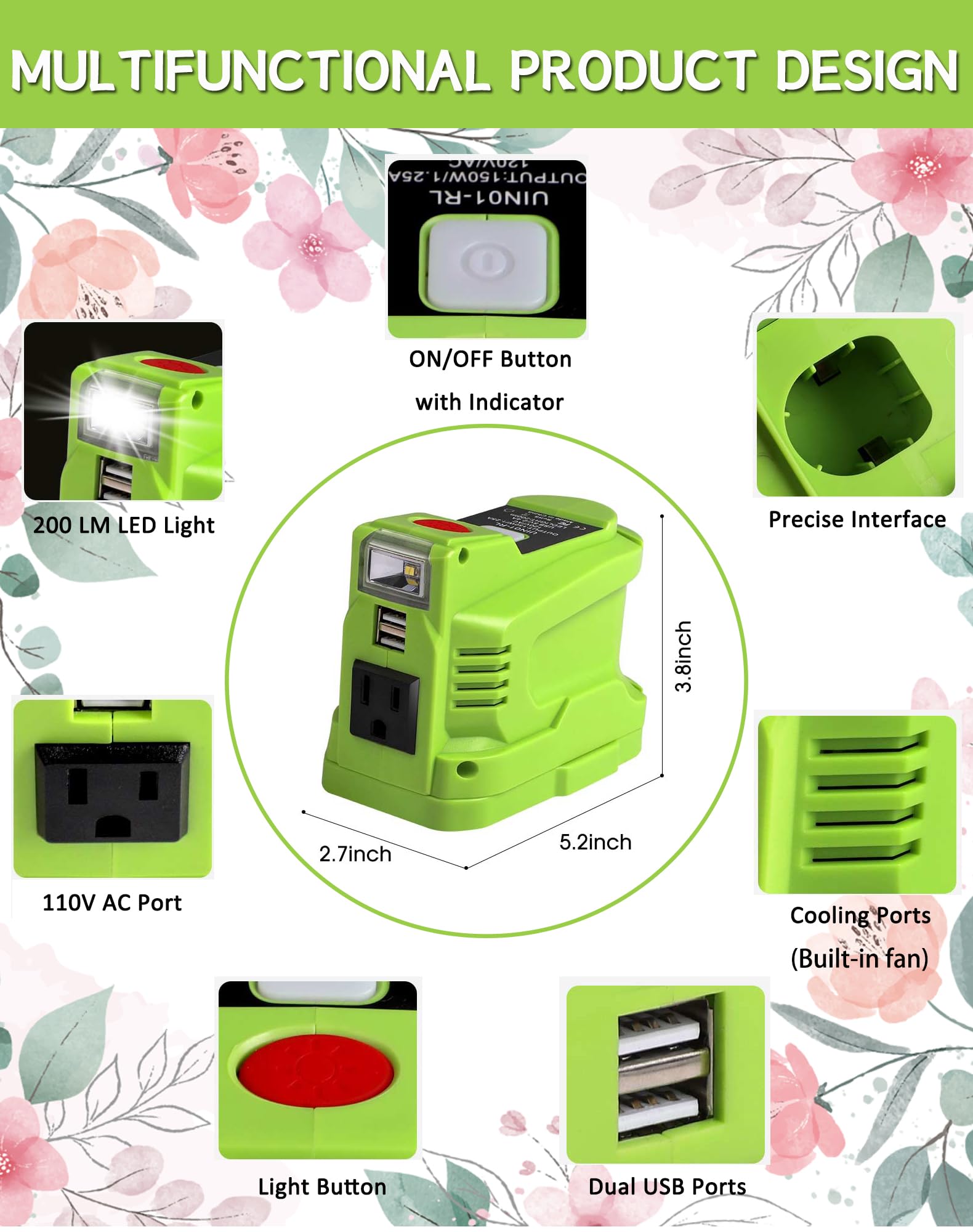 TPDL Portable Power Inverter Generator 150 Watt for Ryobi 18V Battery - Invert DC 18V to AC 110~120V Outlet with Dual USB 5V 2.4A Ports & LED Light - Modified Sine Wave Mobile Power Supply