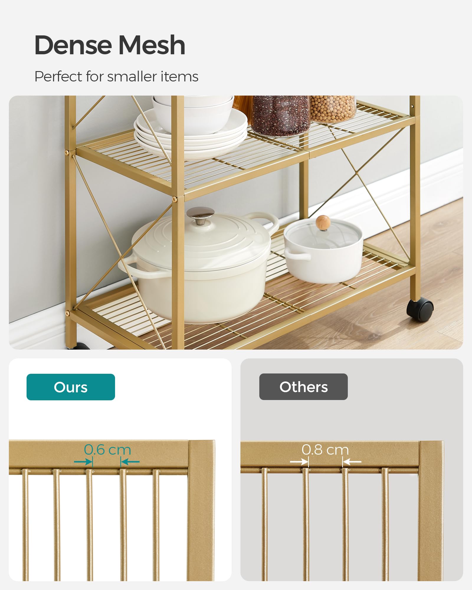SONGMICS 3-Tier Metal Storage Rack with Wheels, Mesh Shelving Unit with X Side Frames, 31.5-Inch Width, for Entryway, Kitchen, Living Room, Bathroom, Industrial Style, Metallic Gold UBSC183A01