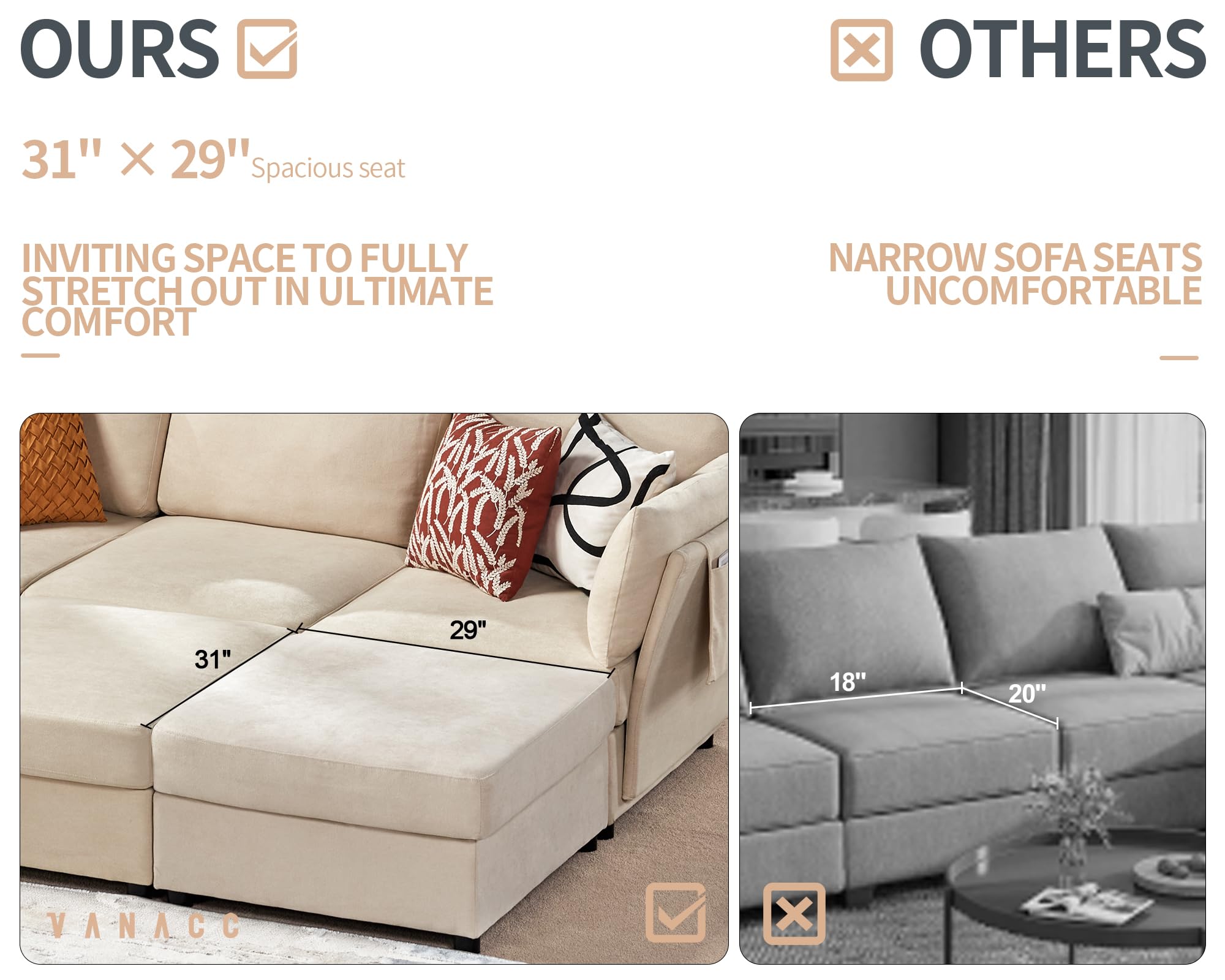 VanAcc Modular Sofa, 124 inch Oversized Sectional Sofa, 6 Seater Modular Sectional Couch with Storage, U shaped Couch for Living room, Beige
