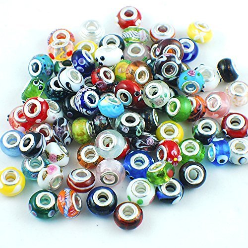 RUBYCA Murano Beads for Jewelry Making Large Hole Glass Beads for European Snake Chain Bracelets Making White Silver Core Lampwork Spacer 50 Pcs Mix