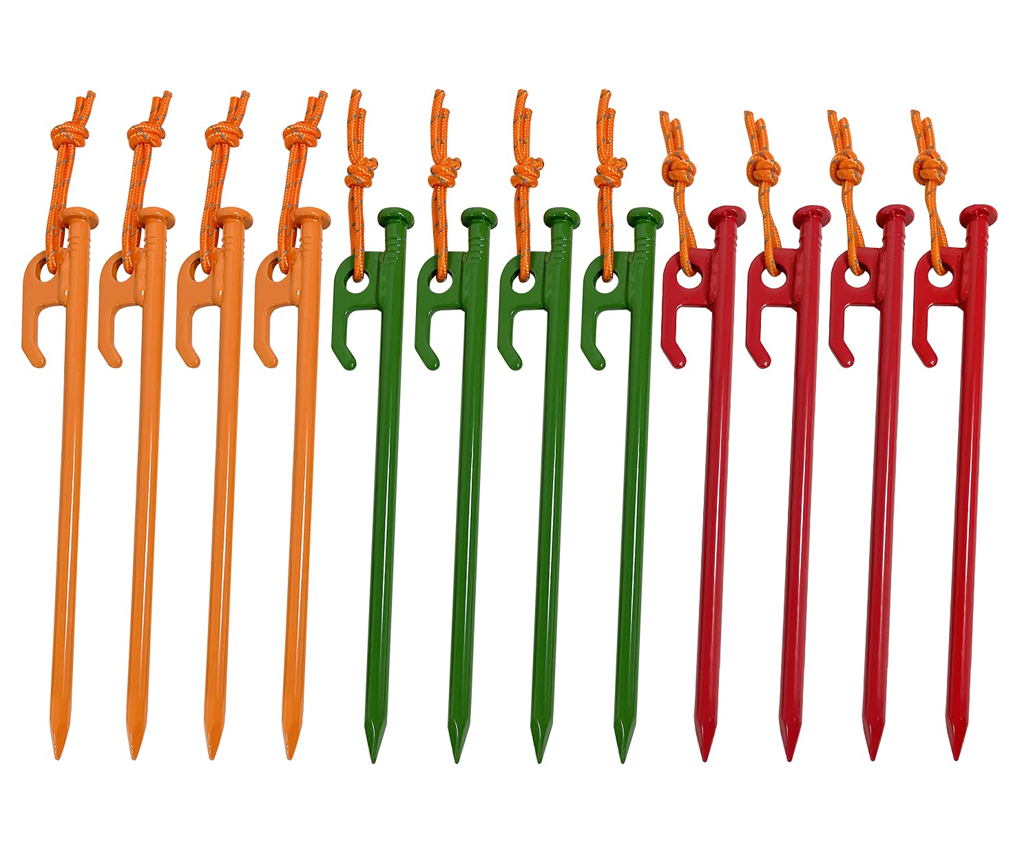 Sutekus Metal Tent Stakes Heavy-Duty Forged Steel Tarp Pegs Vibrant Camping Spikes with Reflective Pull Cord for Camping Hiking Outdoors, 12PCS (8")