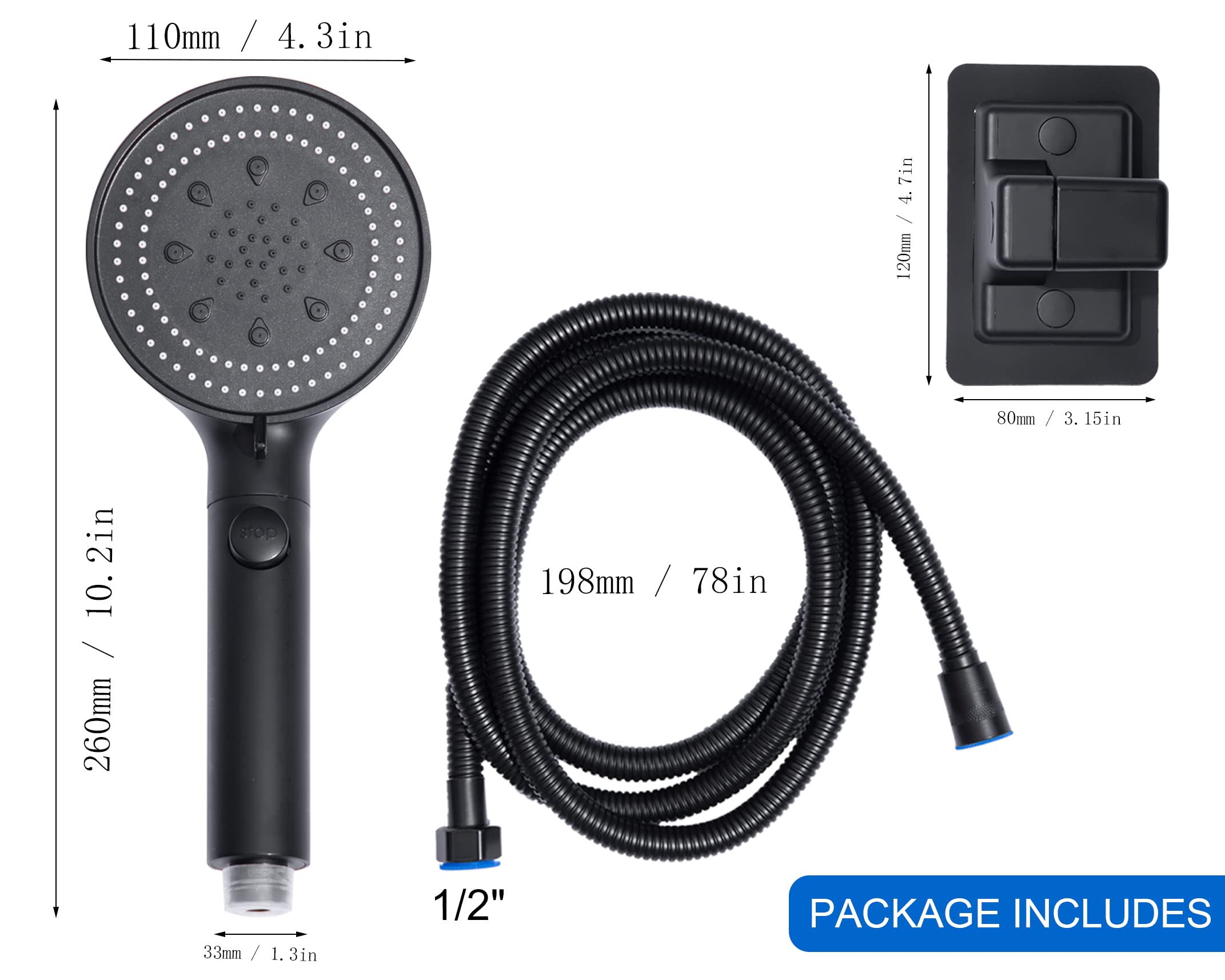 SoaShower High Pressure Handheld Shower 5-Settings、Leakproof Extra Long 78 Inch Stainless Steel Hose、Adhesive Shower Head Holder(Height/Angle Adjustable)、Matte black(Classic)、ON/OFF Pause Switch