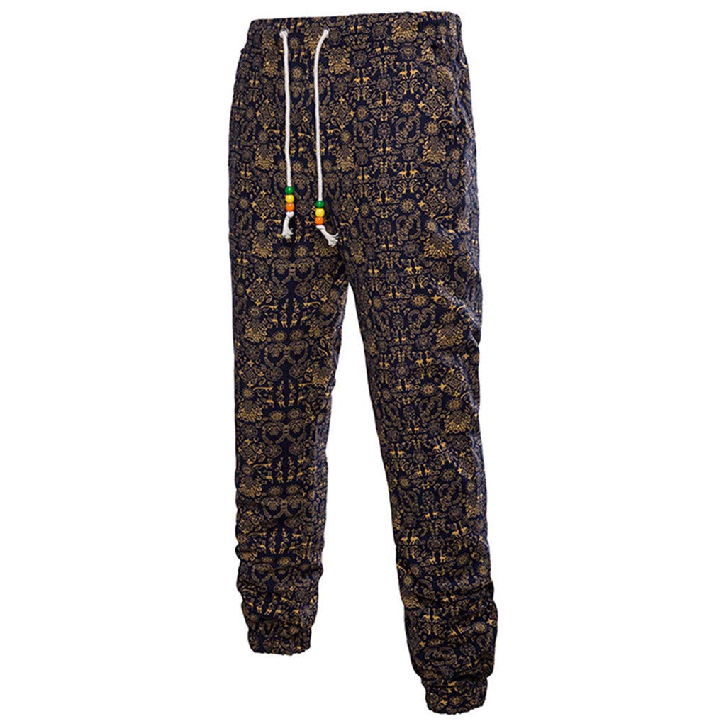VEZAD Men's Ethnic Style Printed Cotton And Linen Long-Sleeved Shirt + Pants Suit Medium(CN) B Black