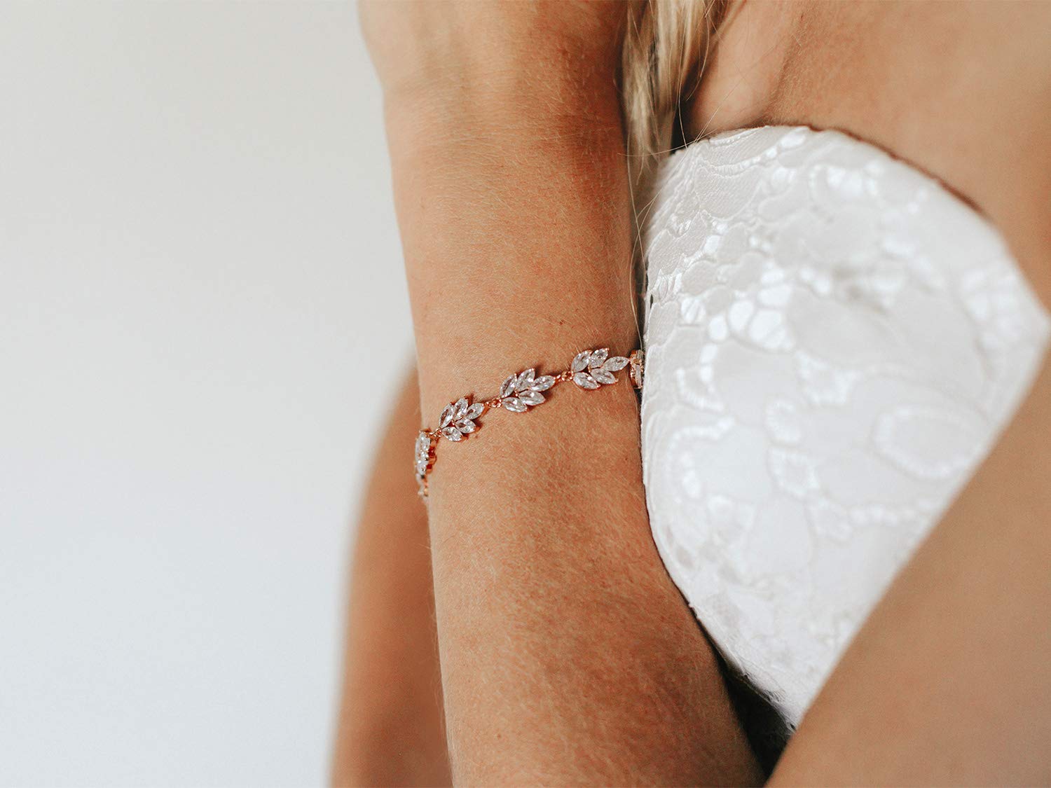 SWEETV Rose Gold Bracelet Wedding Bridal for Brides,Bridesmaid-Crystal Cubic Zirconia Bracelet Leaf Vine Vintage Style