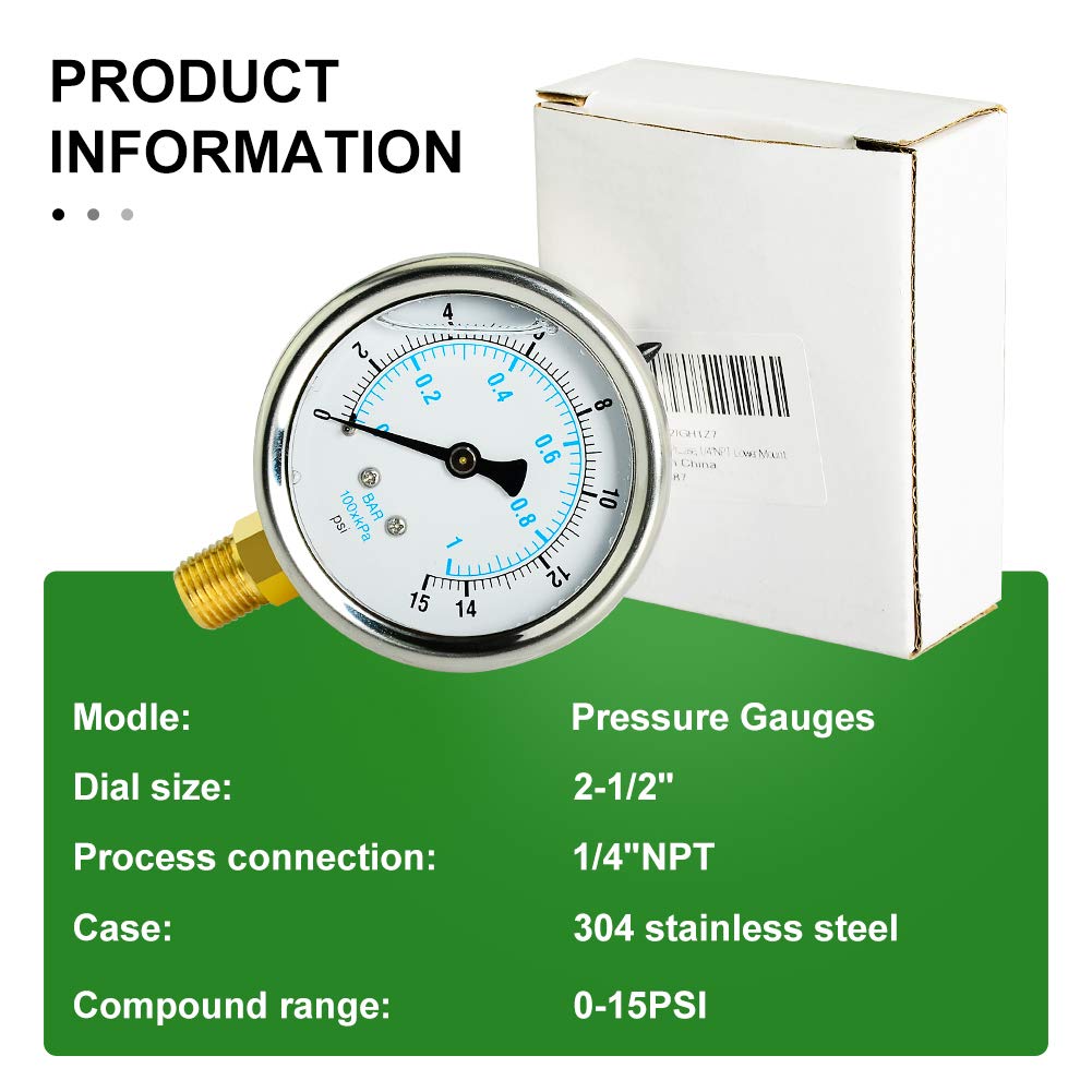 Taisher Liquid Filled Pressure Gauge, 0-15psi/kpa, 304 Stainless Steel Case, 1/4"NPT Lower Mount