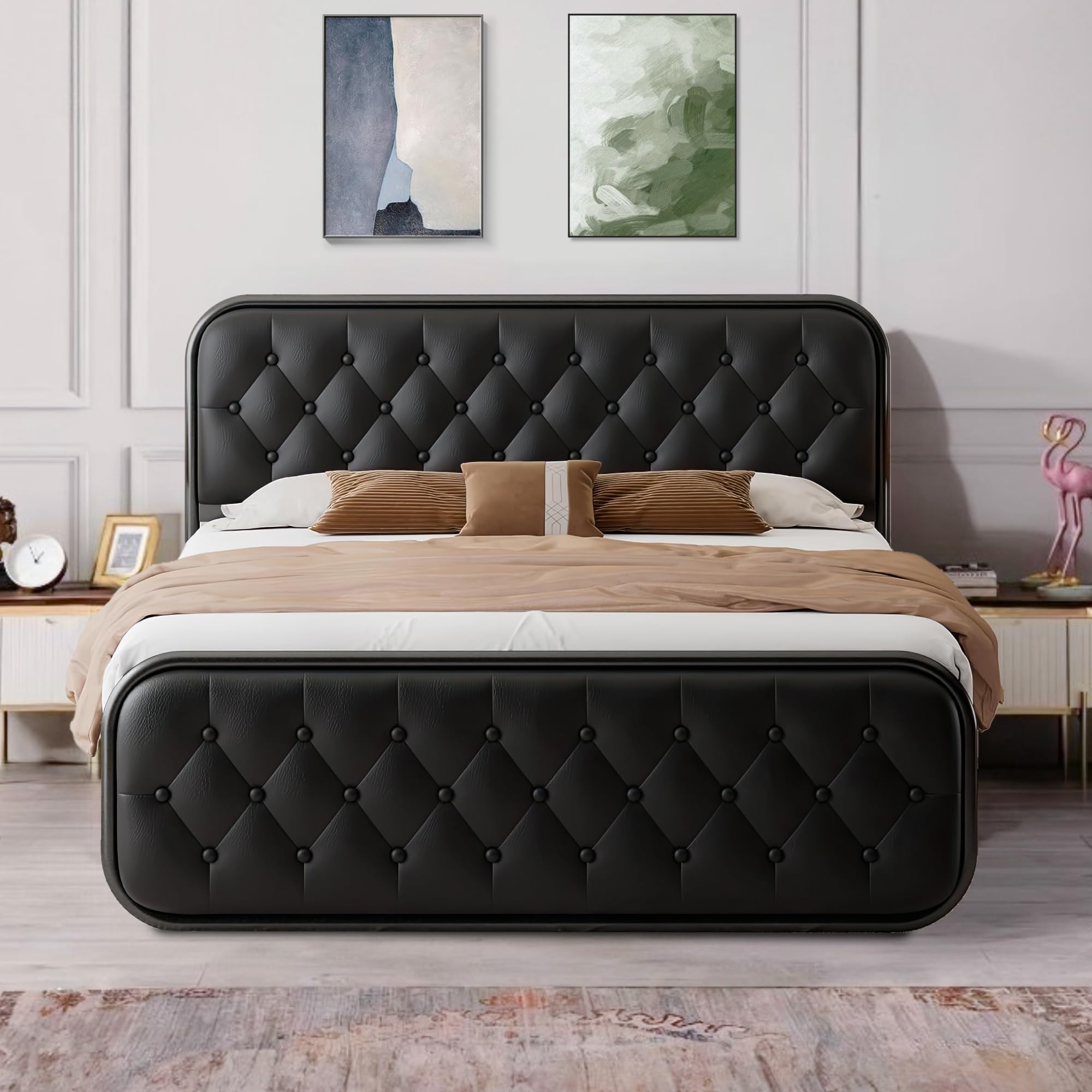 yoyomax Queen Size Bed Frame - Sturdy and Heavy Duty Bed Frame with Stylish Faux Leather Headboard, Noise-Free for Comfort and Support (Black)