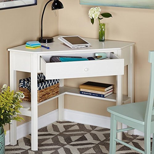 This Classically Styled Desk utilizes a Small Space for a Big Impact, with Stylish Under-Desk Shelving and a Drawer to Hide Clutter. Simple Living Wood Corner Computer Desk (1, Antique White)