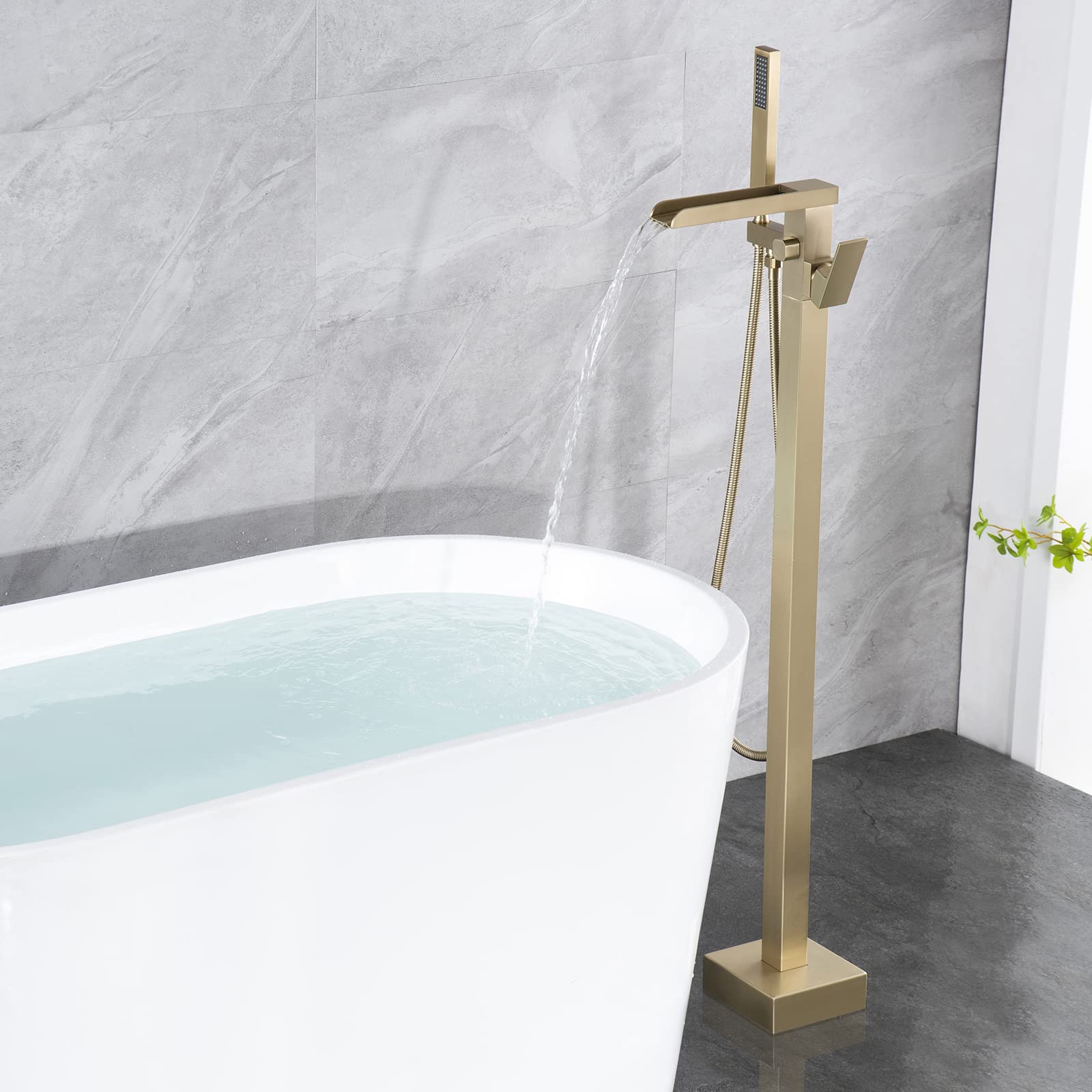 Waterfall Tub Filler Freestanding Bathtub Faucet Brushed gold Floor Mount Brass Single Handle tub Faucets with Hand Shower