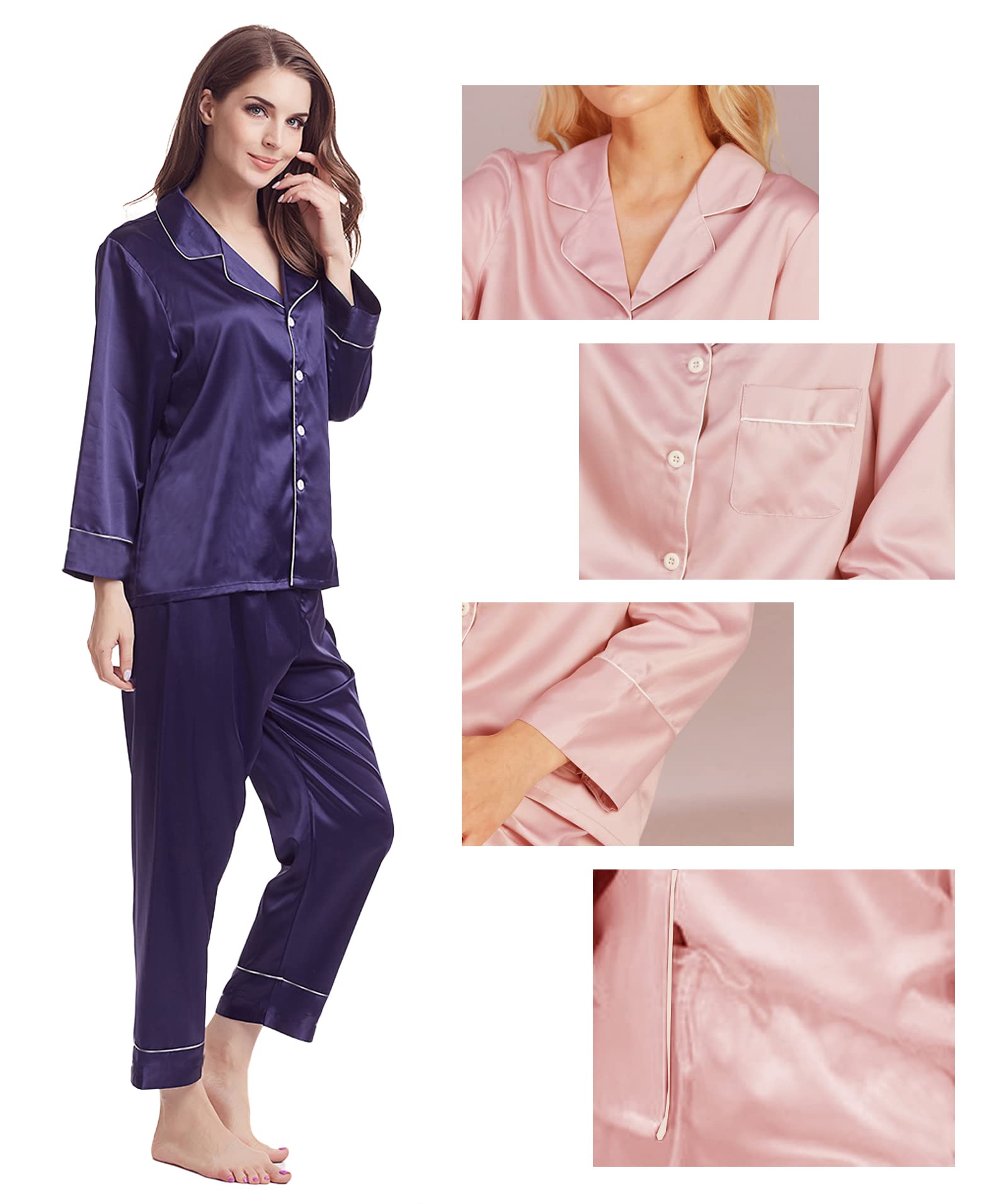 WJing Yi Jia Womens Pajama Set Silk Satin Pajamas Long 2pc Pjs Button Down Sleepwear Pj Set Loungewear