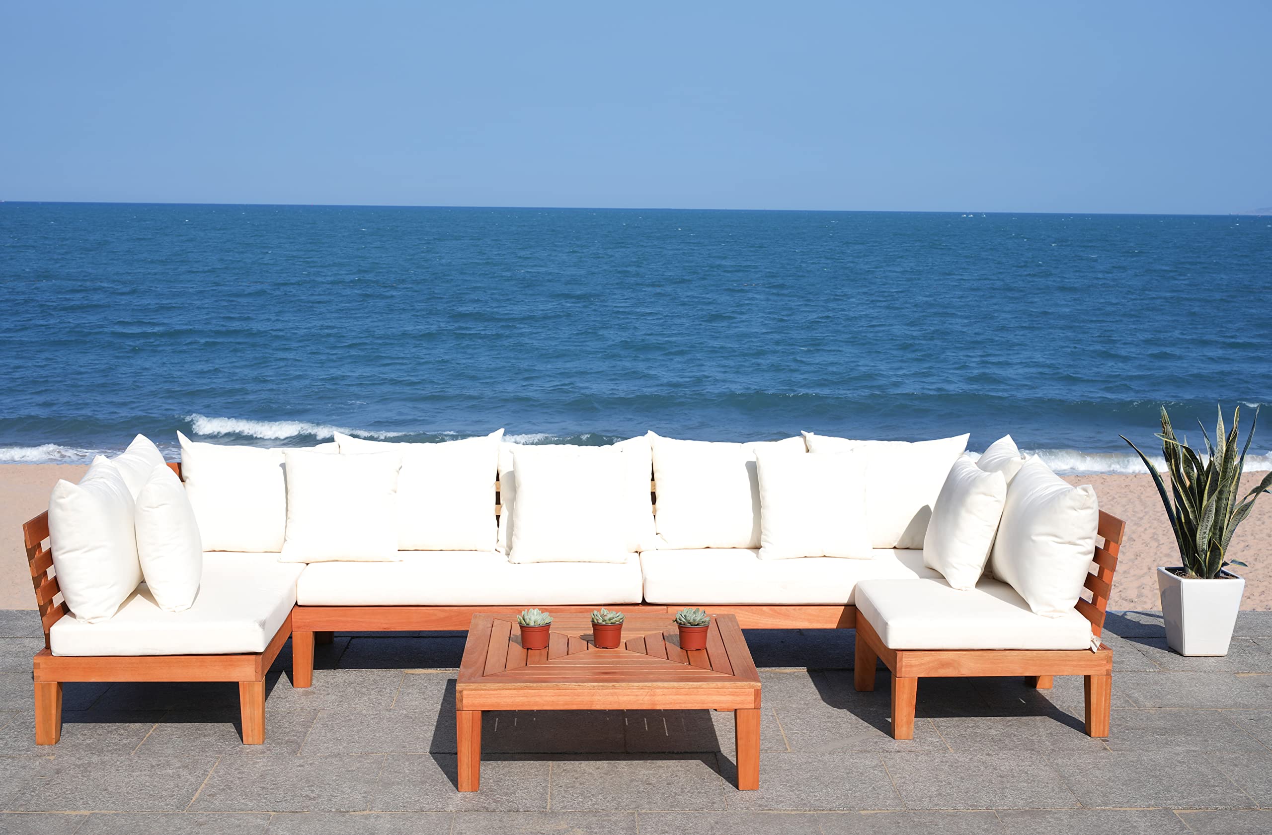Safavieh PAT7054A-4BX Collection Granton Teak and Beige 5-Piece Outdoor Patio Set